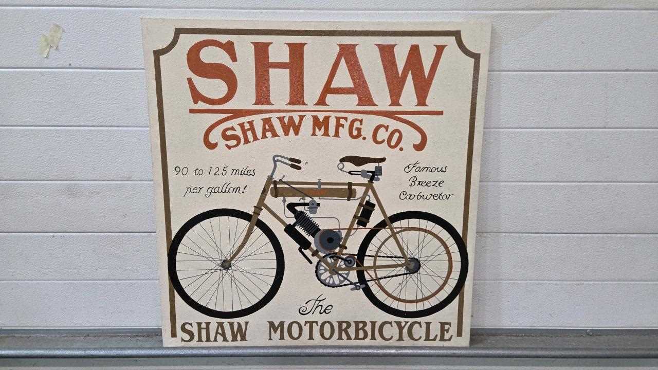 Lot 101 - WOODEN HAND PAINTED SHAW MOTOR CYCLE SIGN 33"